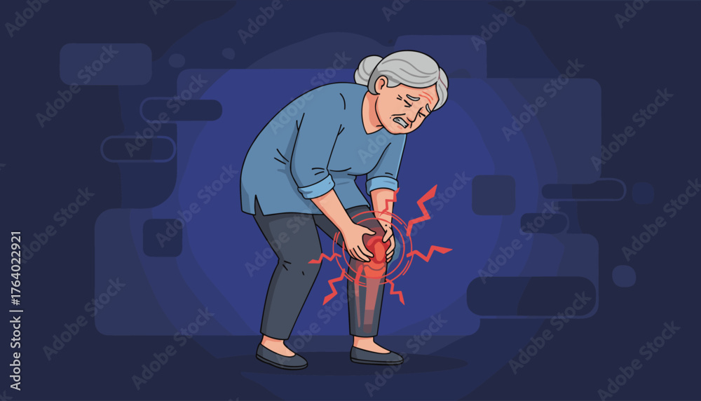 Elderly woman with gray hair, hunched over in pain, clutching her knee ...