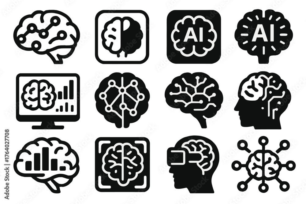 Frontal Lobe UI silhouette set: brain with data points, highlighted ...