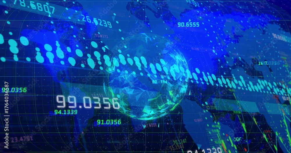 Presenting 3D globe rotating on data dashboard, world map, dotted line ...