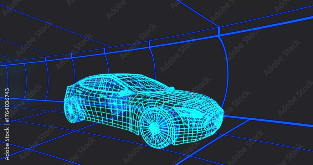 Displaying neon cyan wireframe car model occupying virtual tunnel grid ...