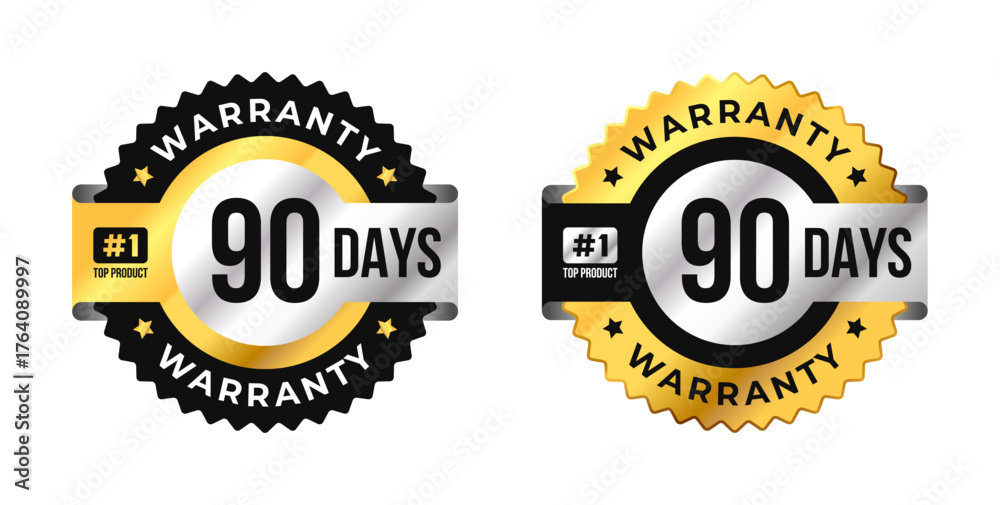 Premium 90 days warranty circle badge vector with black, gold and ...