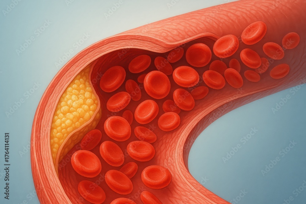 Diagram of Blood Vessel Showing Red Blood Cells, Fatty Deposits, and ...