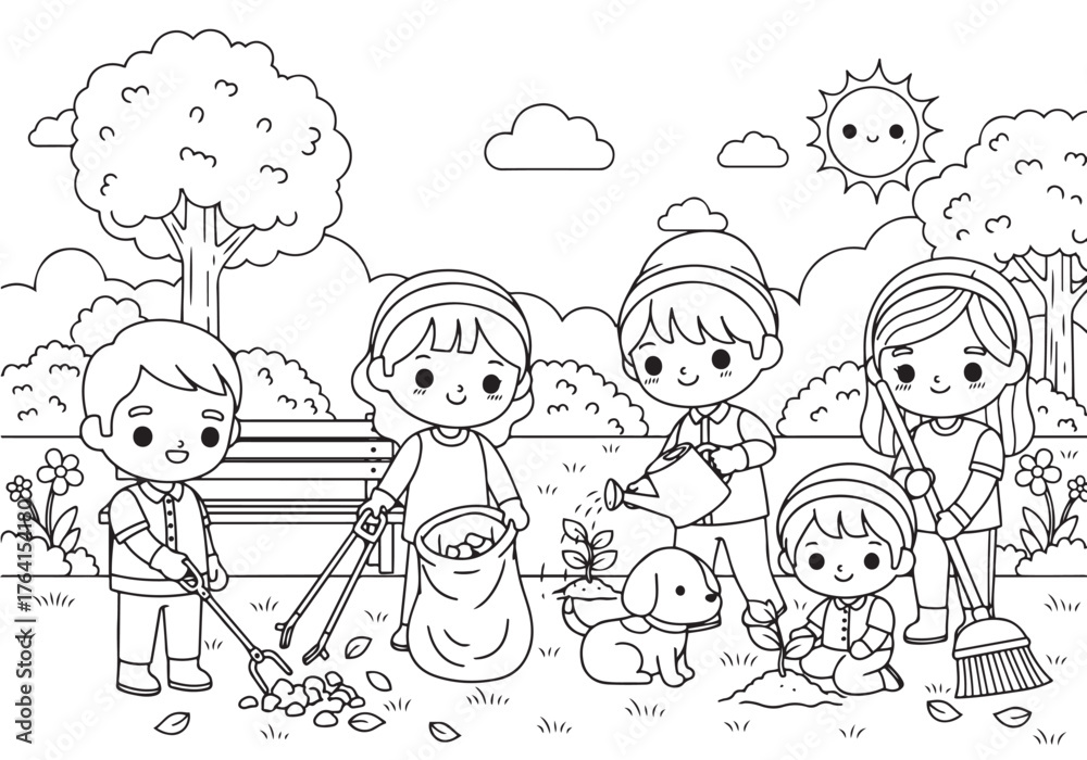 Volunteers cleaning park and planting trees outline for coloring page ...