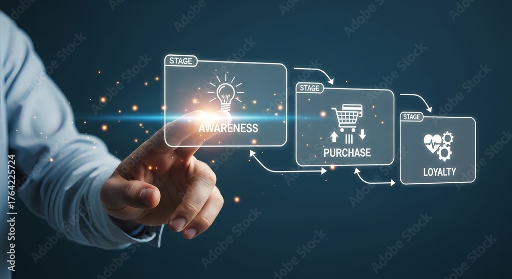 Hand touching awareness stage in customer journey diagram with purchase ...