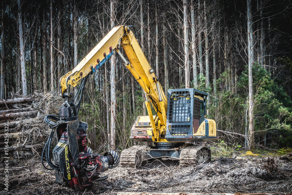 Tree Harvester Machine Parked in a Pine Plantation Forest Surrounded by ...