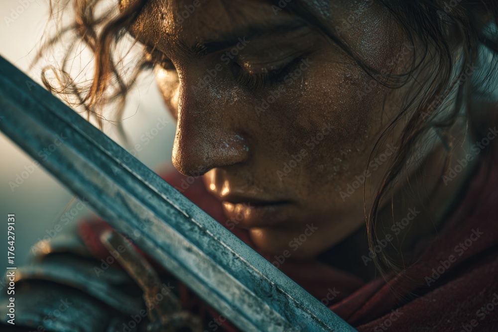 Foto de Stock Gritty warrior woman with sword outdoor battlefield ...