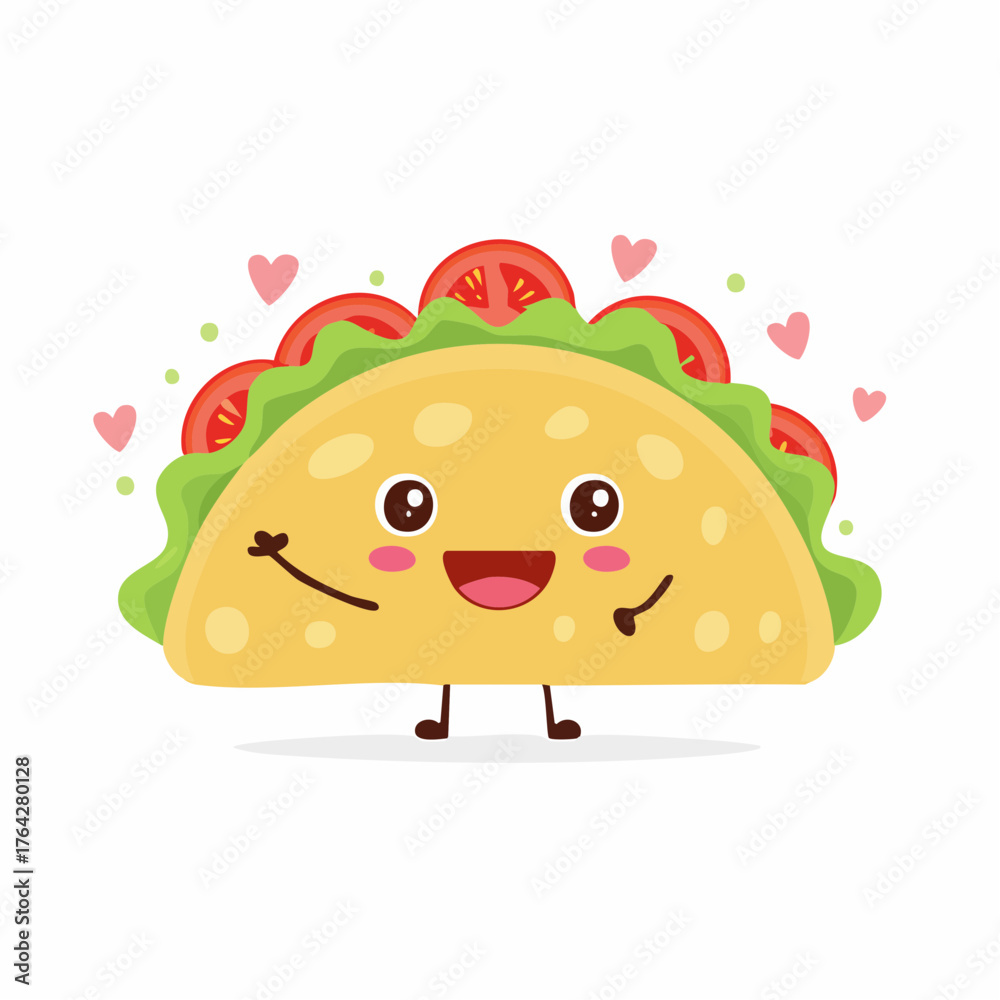 Cute kawaii taco character with a happy smiling face waving with ...