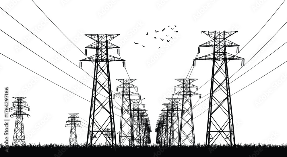 Electric power transmission towers, high voltage pylons, energy ...