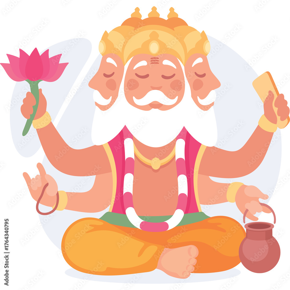 Brahma The Creator Deity Sitting in Lotus Pose Holding a Pink Lotus ...