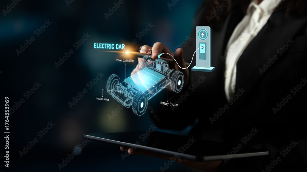 Structure of electric car showing battery system, traction motor ...