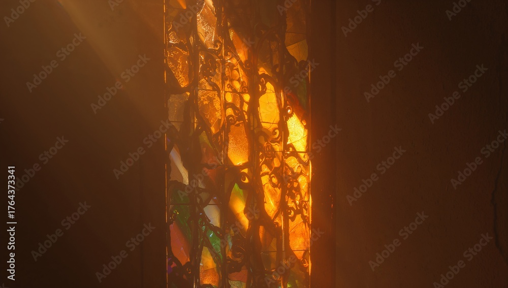 Casting warm ambient light rays through narrow stained glass panel in ...