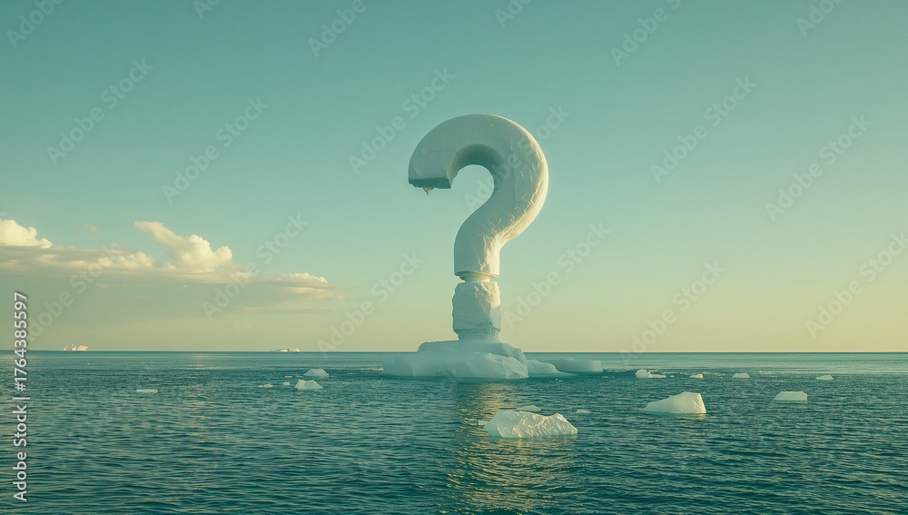 Floating ice sculpture shaped like question mark rising from calm sea ...