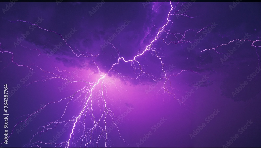 Splitting white violet branching lightning bolt streaking across ...