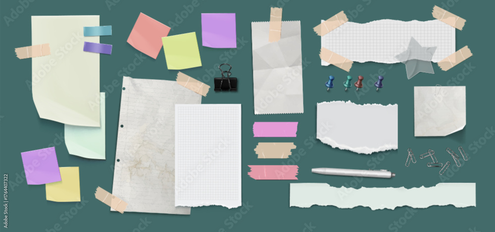 Notebook papers, stickers and adhesive tapes for collage and scrapbook ...