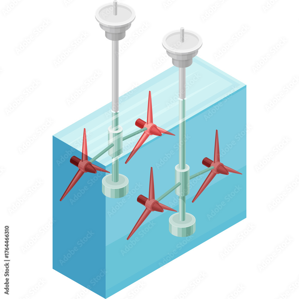 Isometric illustration of a water tank with multiple red propellers for ...