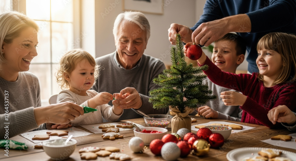 Multi-generational family decorating a small Christmas tree with ...