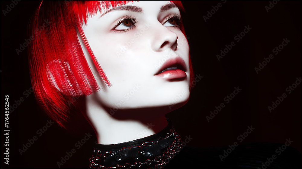 A thin goth woman with short sharp front bangs, red hair, and very pale ...