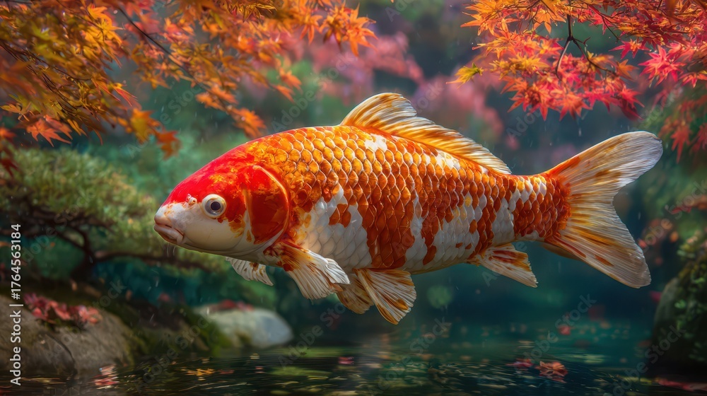 Coi Fish in Japanese Garden. Beautiful Artwork of Aquatic Animal in ...
