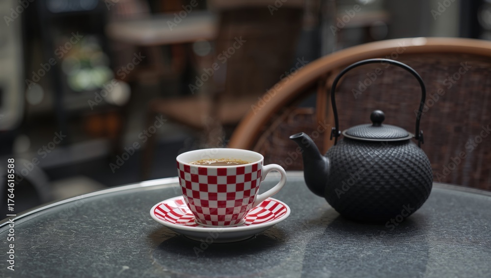 Steaming hot morning tea served in a red plaid cup at an outdoor cafÃ ...