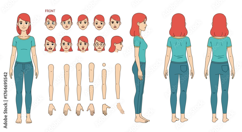 Detailed cartoon female character model sheet featuring full body views ...