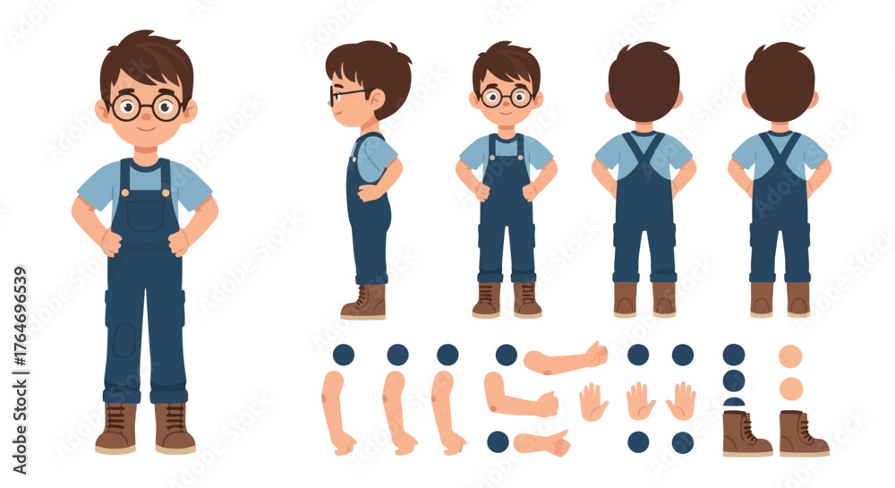 Cartoon boy character creation set in overalls with glasses, featuring ...