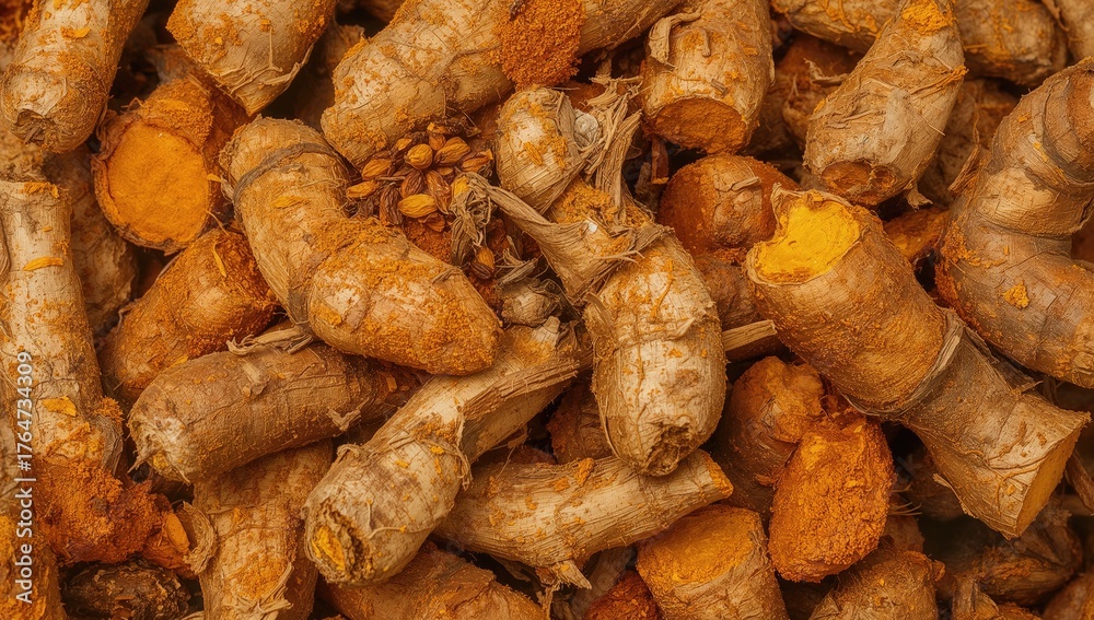 Turmeric plant's dried roots, Curcuma longa, ground into a gentle ...