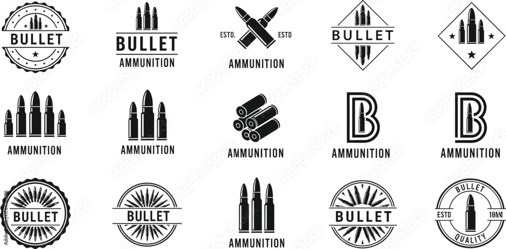 Bullet logo vector set, ammunition badge collection, black and white ...