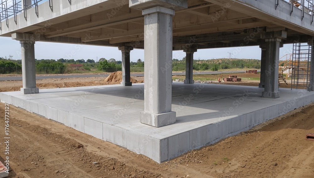 Construction scene featuring foundation work, concrete slabs ...