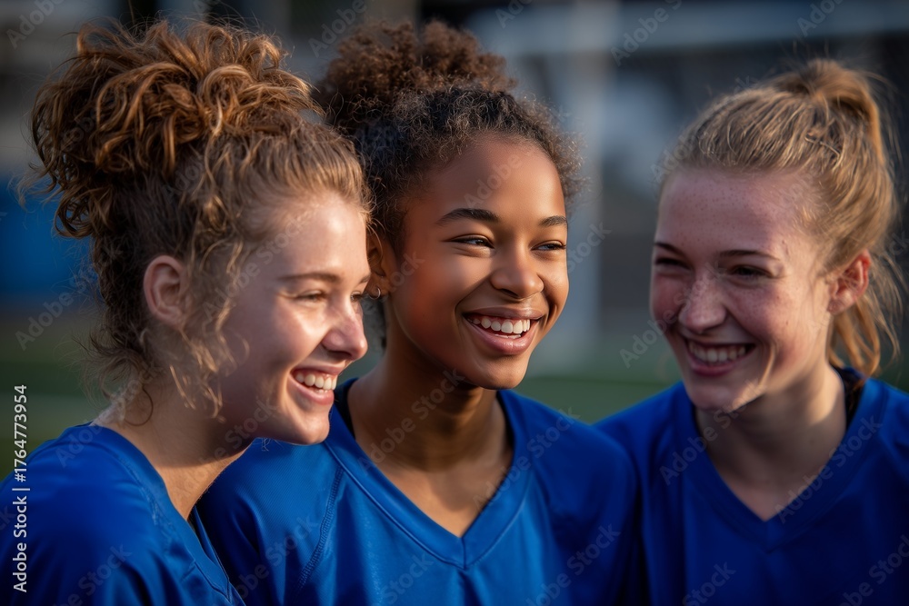 Smiling teenage girls soccer players in blue uniforms standing together ...