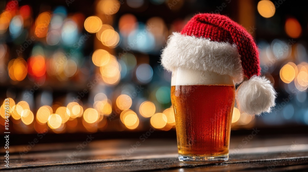 Beer Glass with Santa Hat at Festive Christmas Bar Stock Photo | Adobe ...