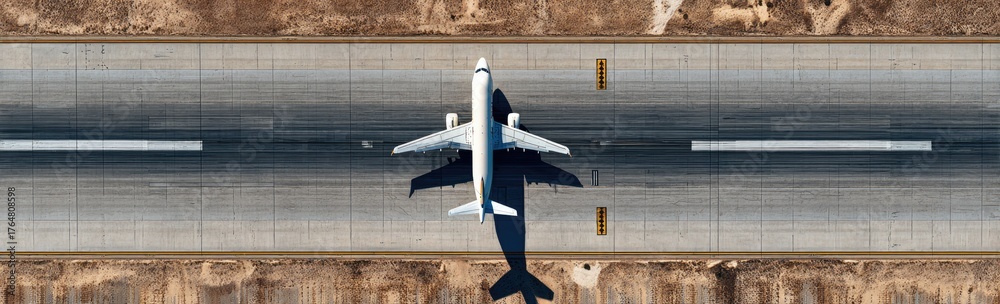 Photo Stock Overhead view of an airplane on a runway, casting a long ...