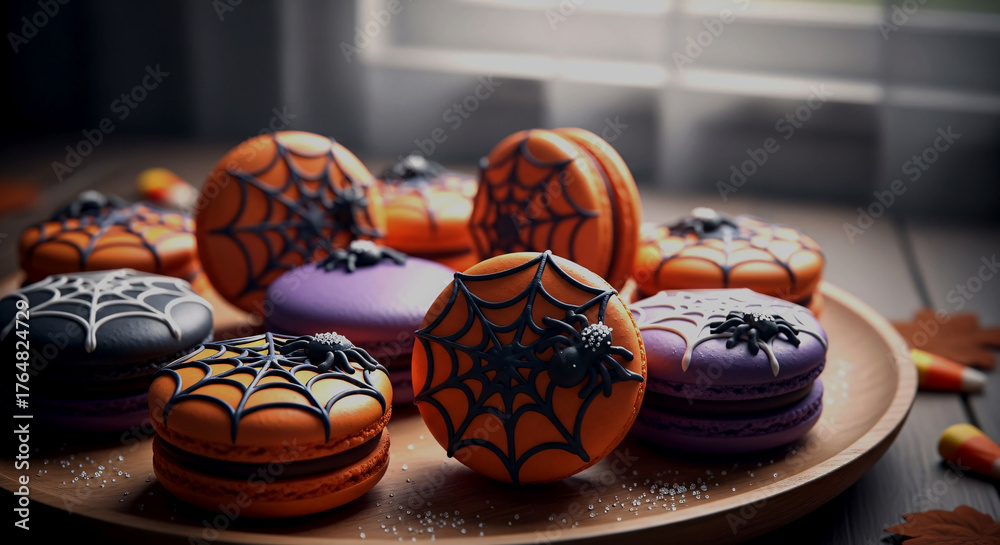 Spooky Halloween Macarons with Spiderweb and Spider Decorations Stock ...