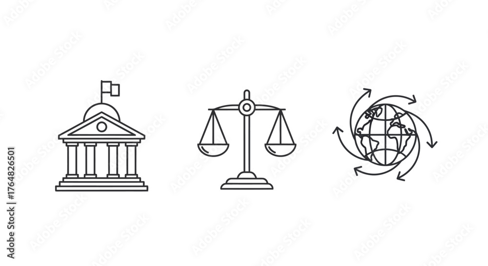 Three line art icons - government building, scales of justice, and ...