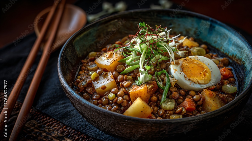 Ethiopian lentil stew plated in Japanese donburi bowl, dark moody tones ...