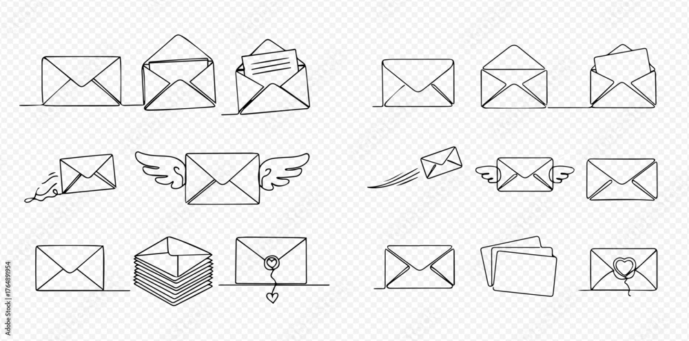 Collection of hand-drawn doodle mail and envelope icons depicting ...
