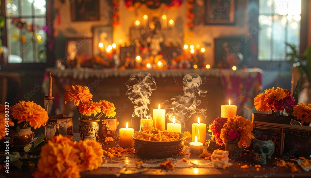 Traditional Home Altar (Ofrenda) for Día de los Muertos: Marigolds ...
