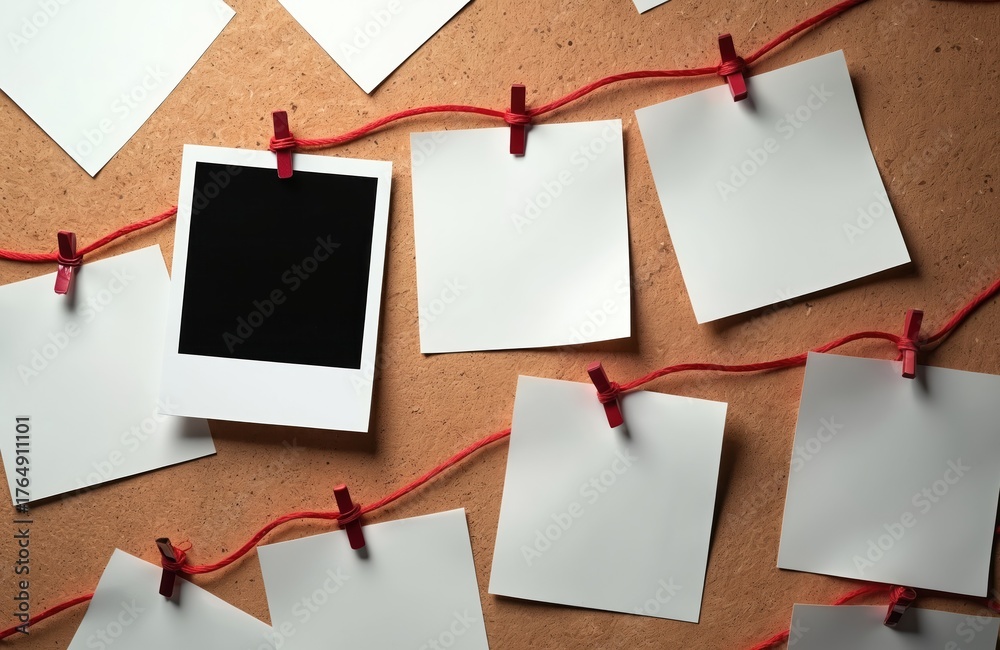 Photo Stock Detective evidence board with blank papers, empty photo frame pinned to corkboard ...
