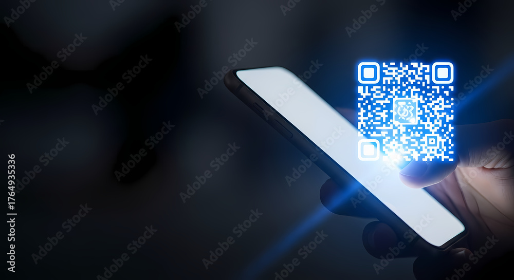 Modern QR code on glowing smartphone screen in dark room. This QR code ...