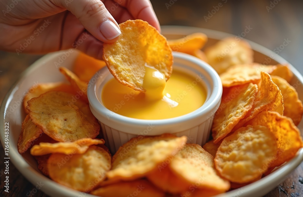Hand dips crunchy chip into creamy cheese sauce. Golden potato crisp ...