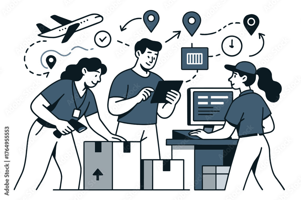 Air Cargo Dynamics. Air freight terminals. Air cargo staff scanning ...