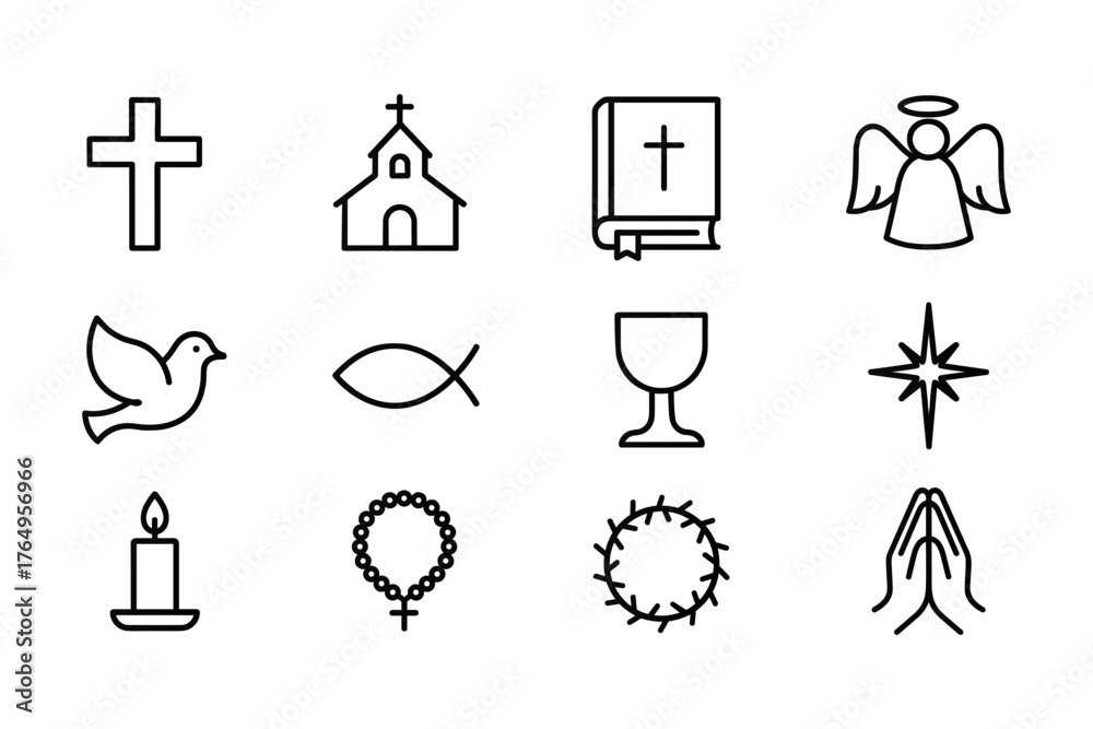 Christian symbols collection: cross, church, bible, angel, dove, fish ...