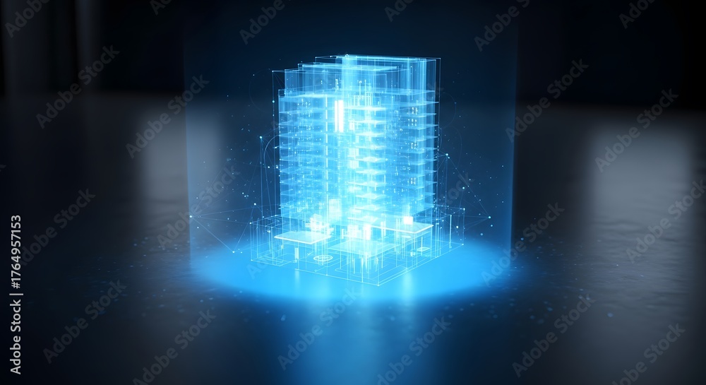 Futuristic blue holographic building structure glowing in a dark ...