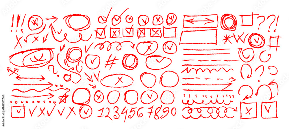 Red Hand drawn brush collection. crayon various arrows, curved, wavy ...