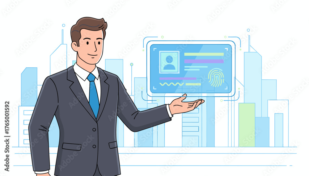 Professional businessman in a suit presenting a futuristic digital ...