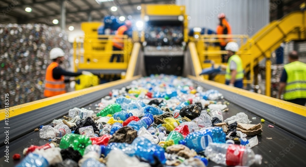 Workers sort and process plastic waste at a recycling facility during ...
