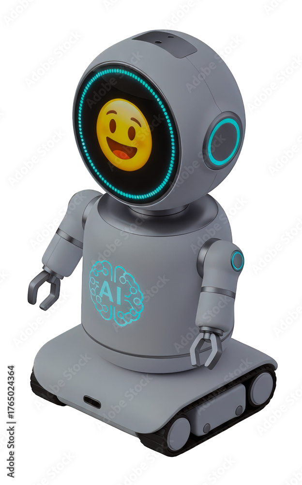 3D AI virtual assistant robot on tracks with a happy emoji face and glowing brain an ...