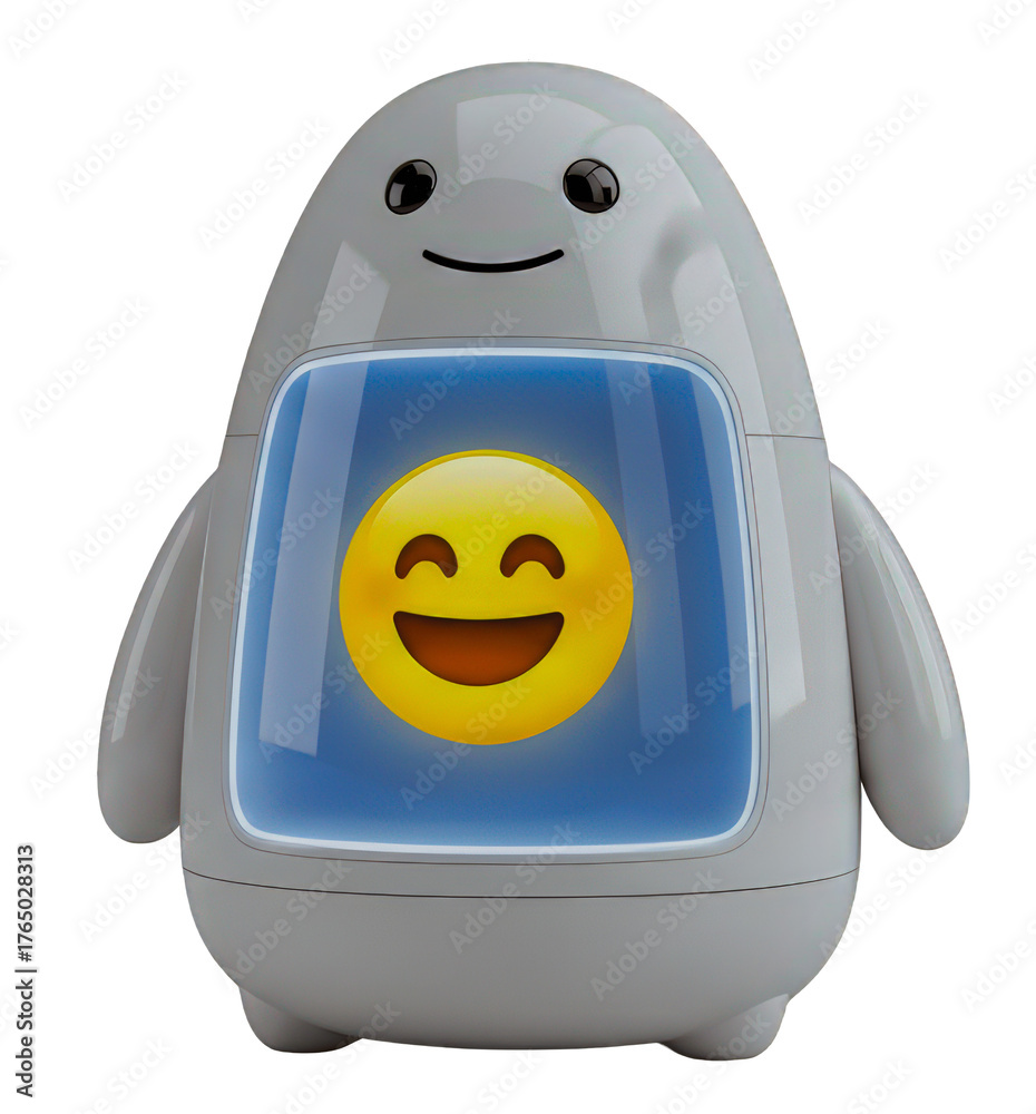 Ilustración de Stock Ovoid robot virtual AI assistant showing happy ...
