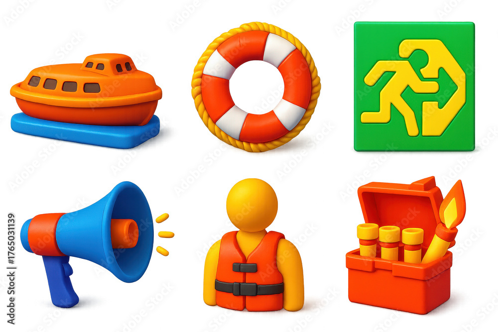Ferry Safety Icon Set. 3D icon set of ferry safety: lifeboat, rescue ...