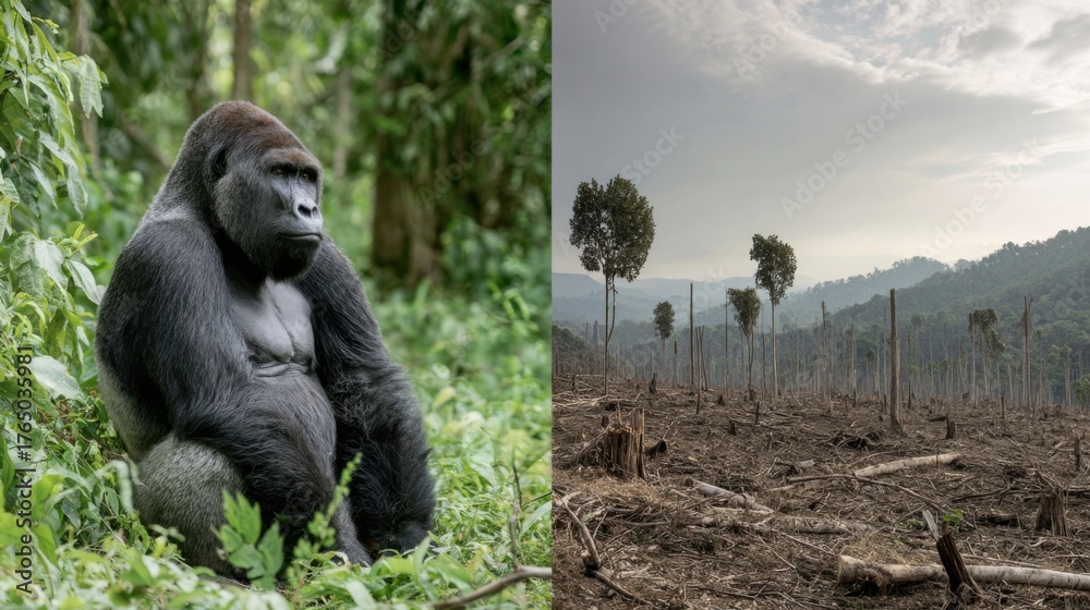 Split image of gorilla sitting peacefully in dense green jungle on left ...