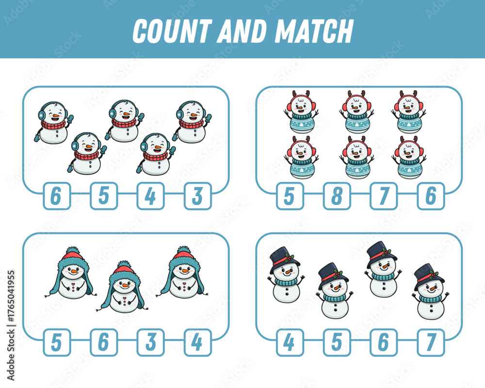 How many snowmans are there. Count the number. Christmas game. Cute ...